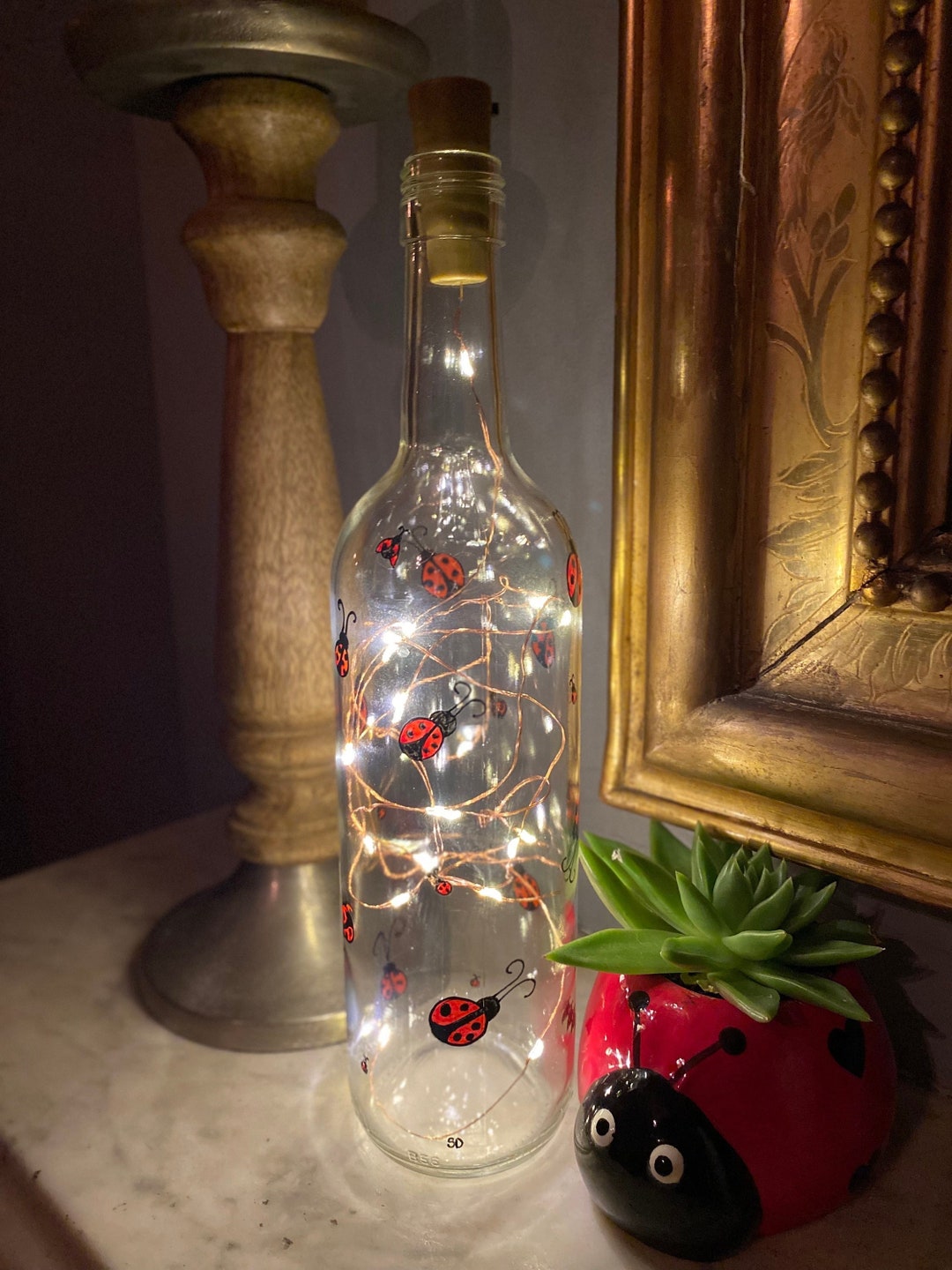 Ladybug Light up Bottle Upcycled Home Decor Hand Painted - Etsy