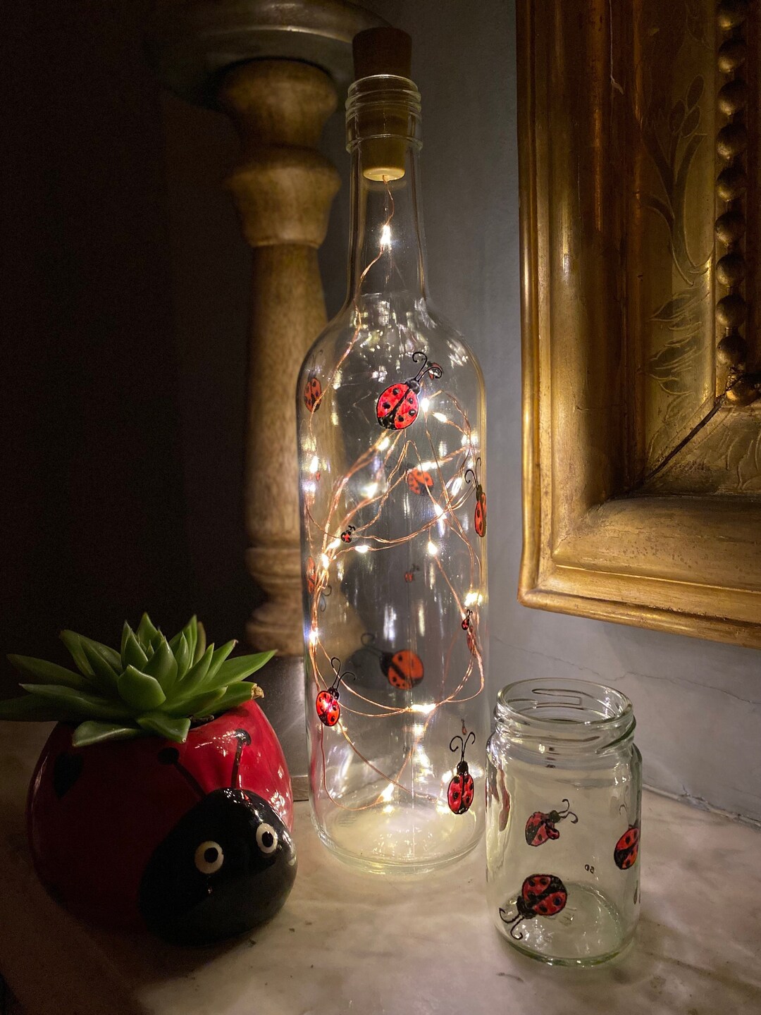 Ladybug Light up Bottle Upcycled Home Decor Hand Painted - Etsy