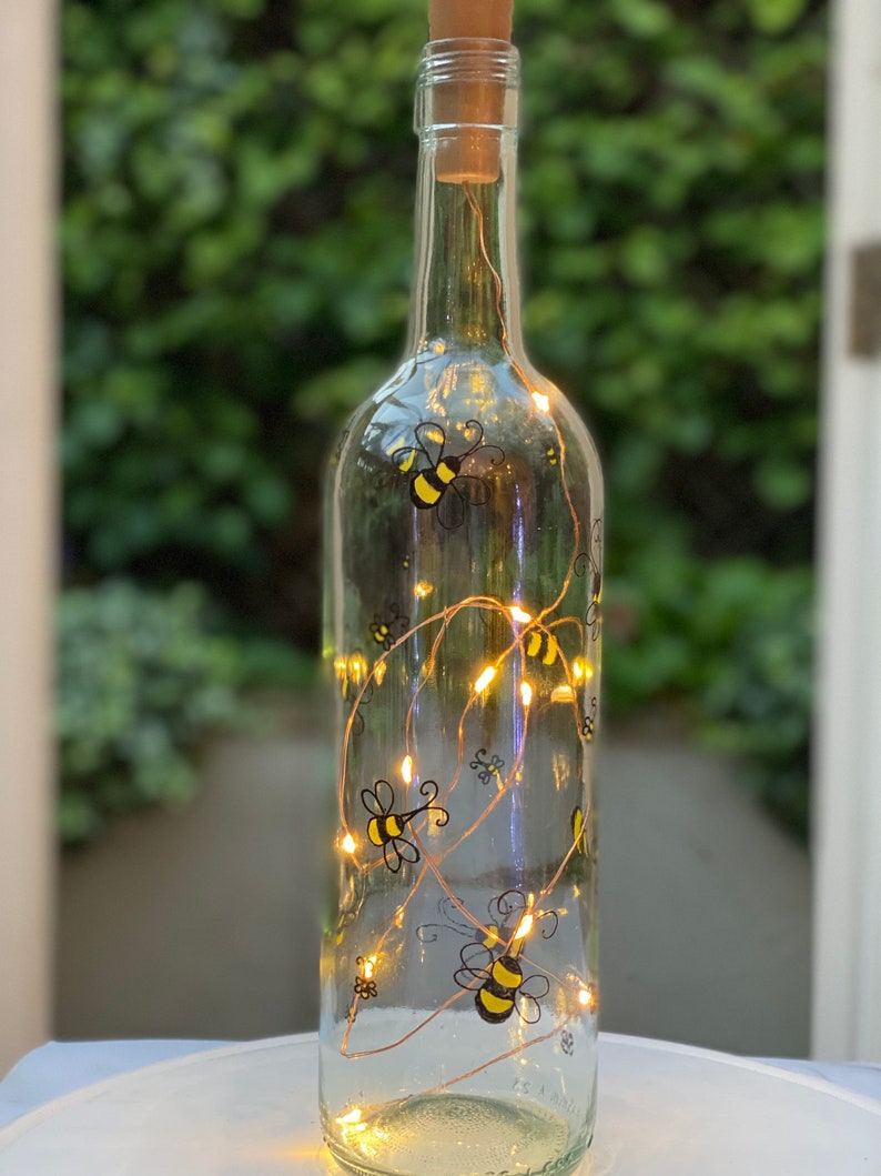 Bumble Bee Light up Bottle, Upcycled Home Decor, Hand Painted Bottle ...