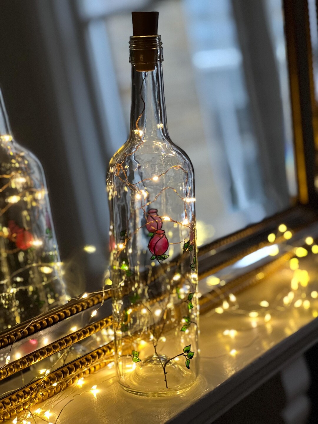 Hand-painted Pink Rose Light-up Bottle – Upcycled Home Decor ...