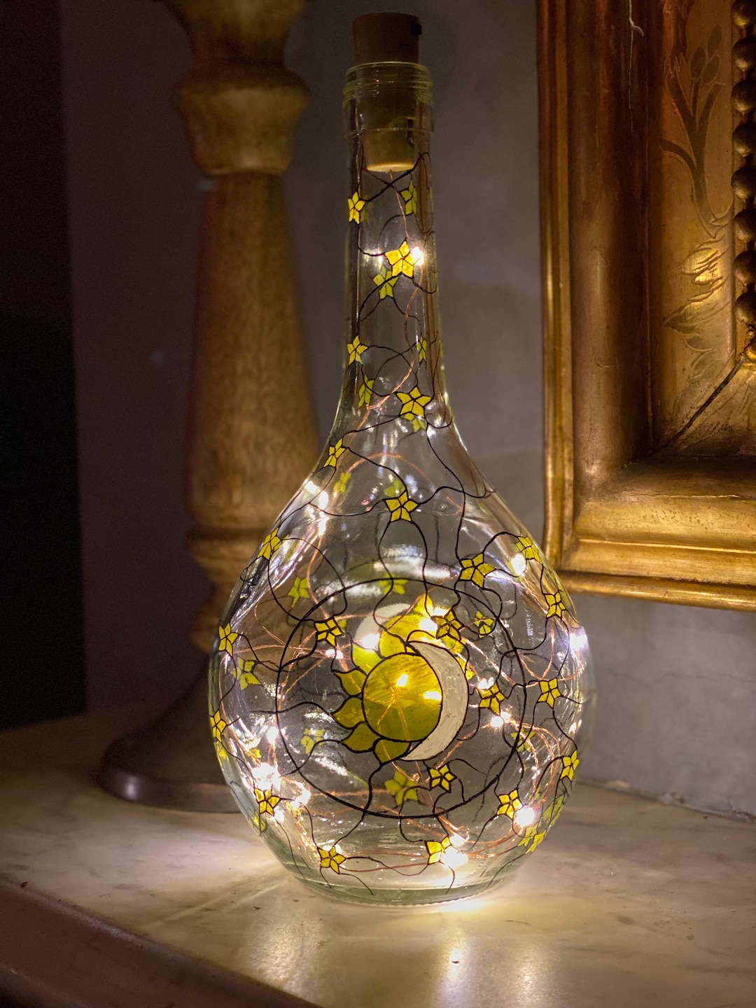 Sun, Moon and Stars Light up Bottle / Upcycled / Hand Painted / Spring ...