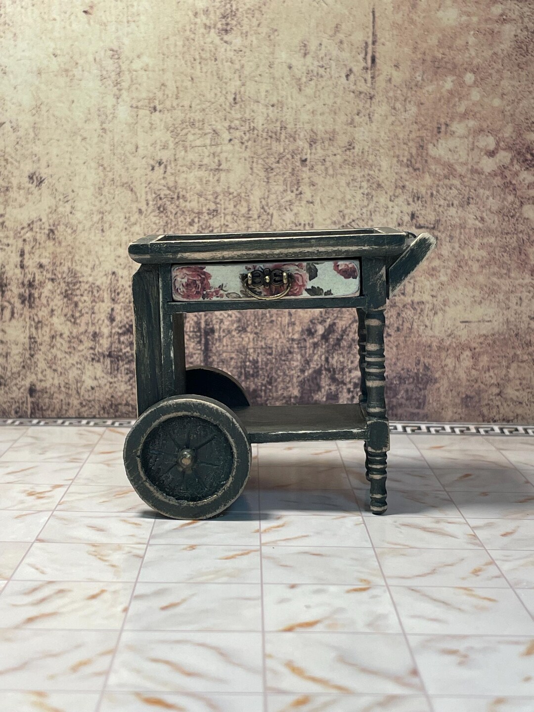 Miniature Tea Trolley or Bar Cart , Serving Table 1:12 Scale . Shabby ...
