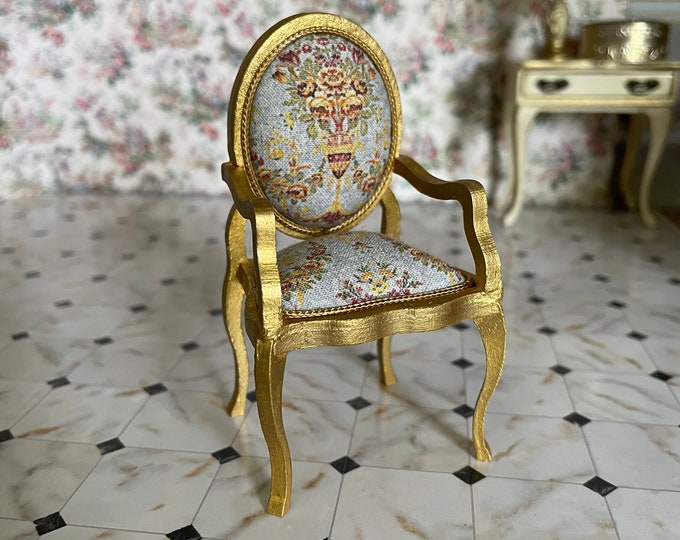 Shabby Chic Rich Gold Chair in French Style . Dollhouse Miniature . 1: ...