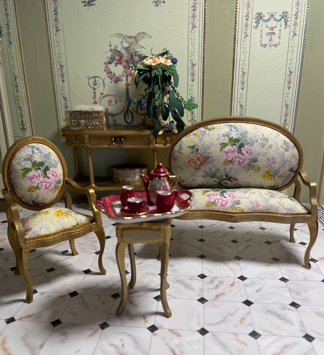 Miniature Gold Furniture ,sofa and Chair. Dollhouse Miniature Furniture ...