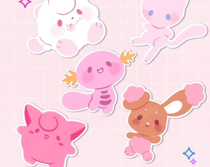 Pink Pokemon Bundle of Stickers Mew, Buneary, Swirlix, Wooper, Clefairy ...