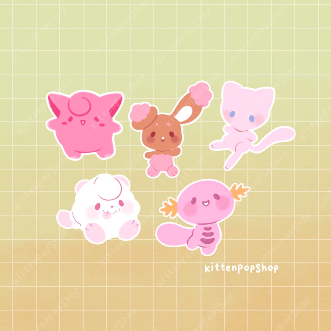 Pink Pokemon Bundle of Stickers Mew, Buneary, Swirlix, Wooper, Clefairy ...