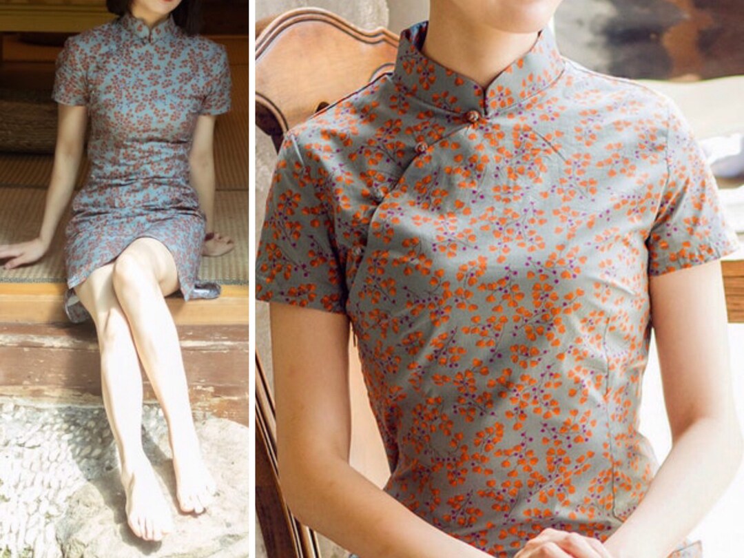 Modern Mini Cheongsam Dress Floral Printed Cotton With Lining in the ...