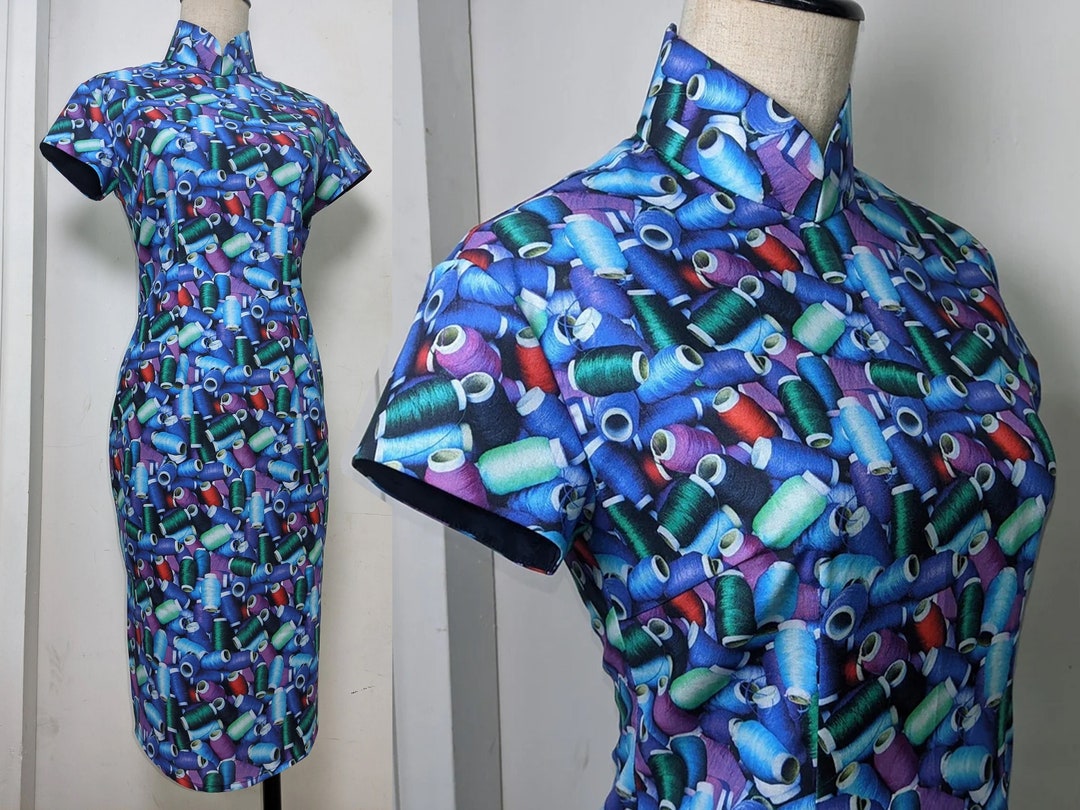 1960s Hong Kong Style Cheongsam Dress tailor-made Blue Funky Thread Rolls Printed Cotton - Etsy