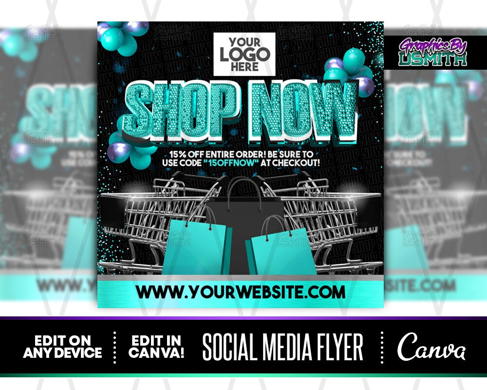 Shop Now Turquoise Canva Template, Premade Templates, Social Media ...