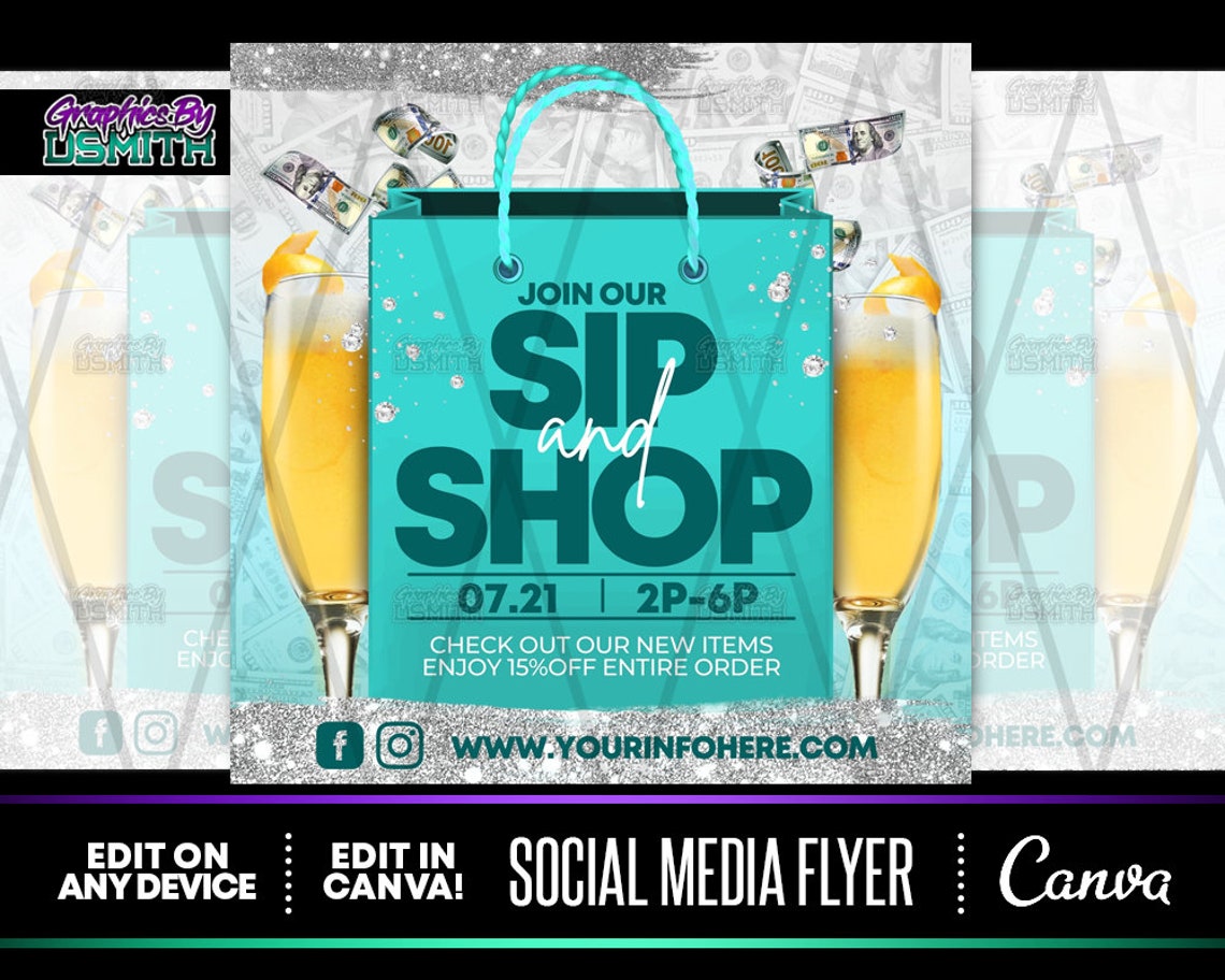 Sip and Shop Turquoise Flyer, Canva Template, Premade Templates, Social ...
