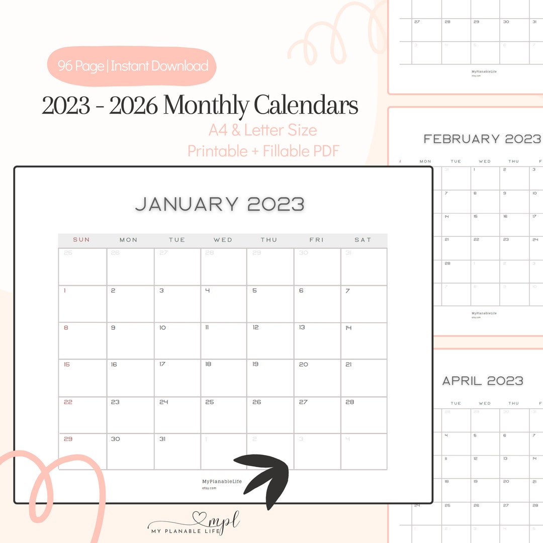 2023-2026 Monthly Calendars Landscape, Printable Calendar Template ...