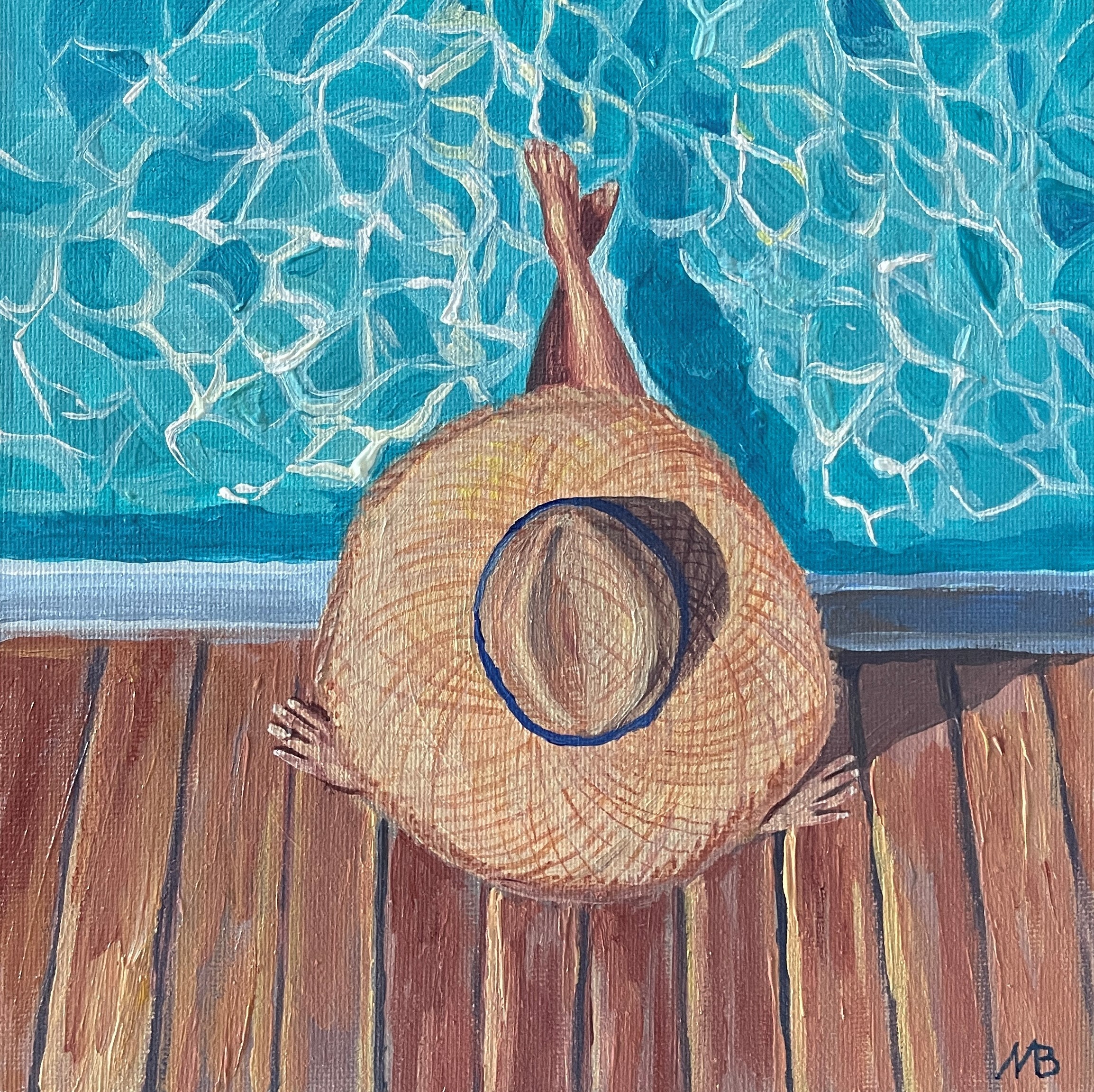 Swimming pool art summer seascape acrylic woman painting | Etsy