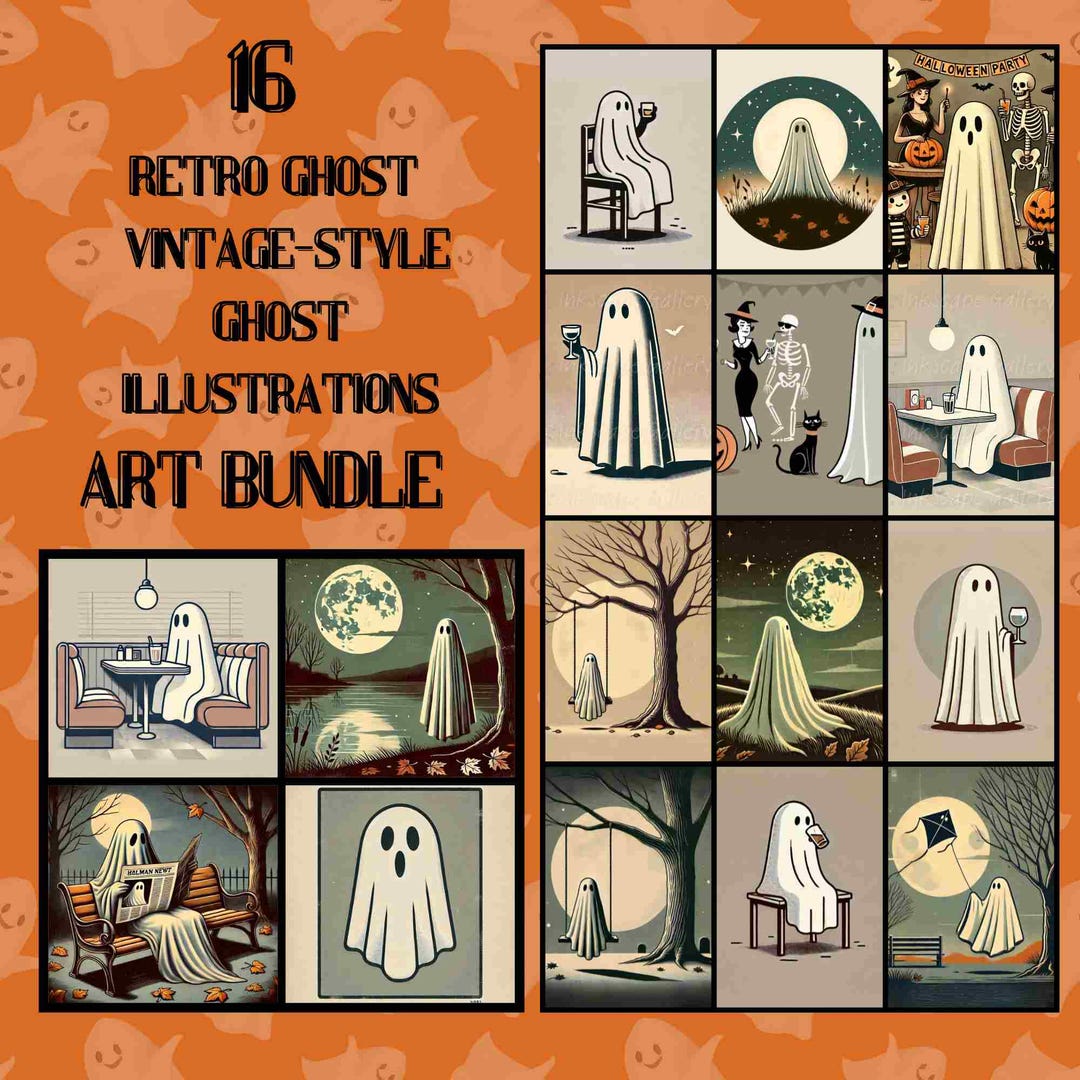 Vintage Halloween Ghost Art Bundle | Retro-style Ghost Illustrations ...