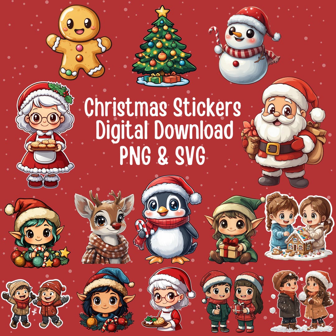 Christmas Stickers Digital Download | Cute Holiday Clipart Bundle | PNG ...