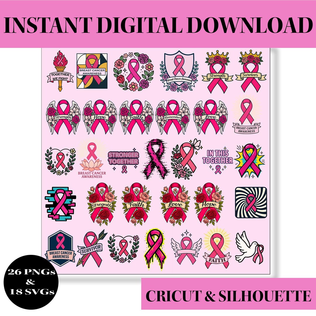 Breast Cancer Awareness SVG PNG Bundle | Pink Ribbon Clipart, Faith ...