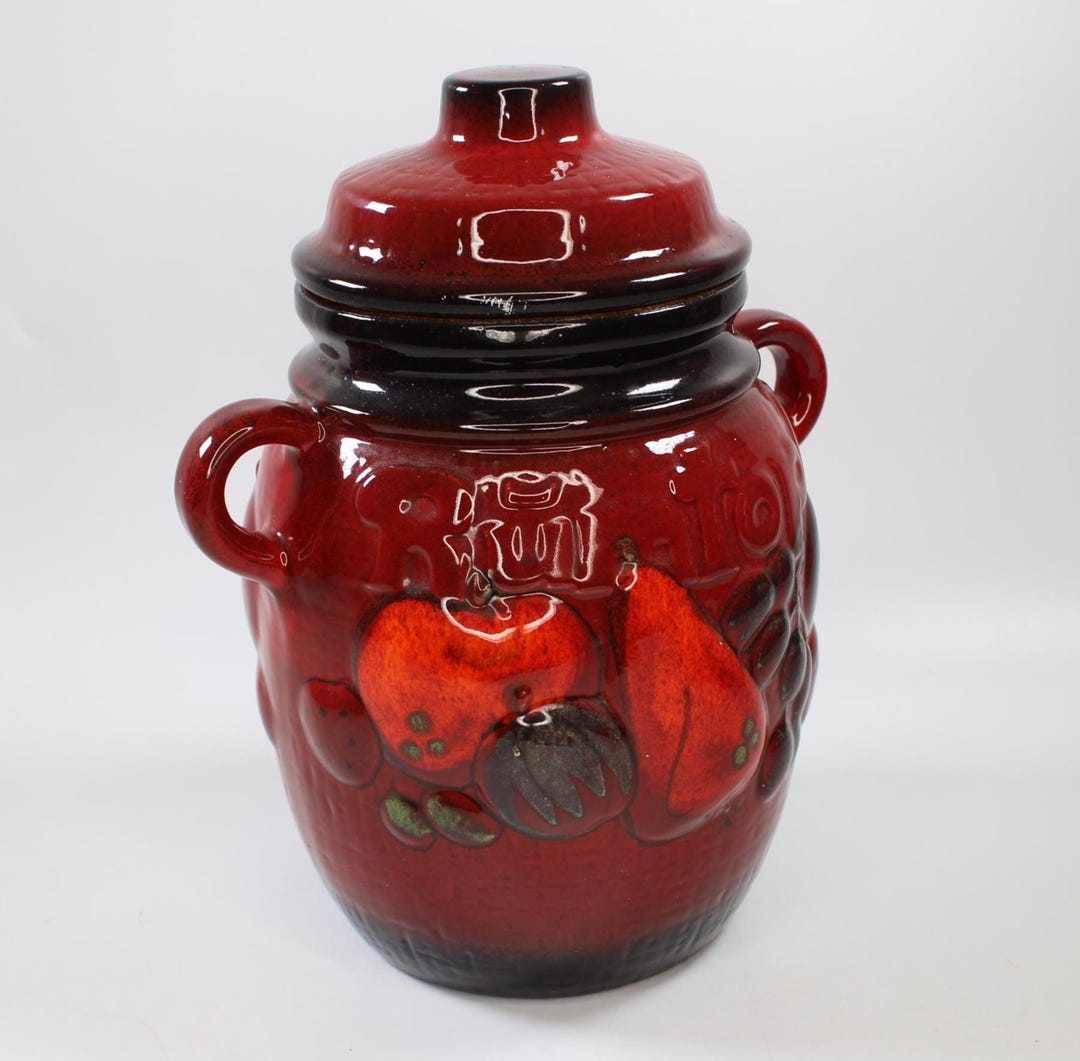 Vintage West German Ceramic Rumtopf Red Storage Jar Pot Retro With Lid ...