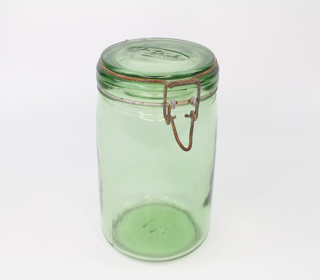 Vintage Retro L'IDEALE Large Heavy Green Glass Jar 1.5 Litre French ...