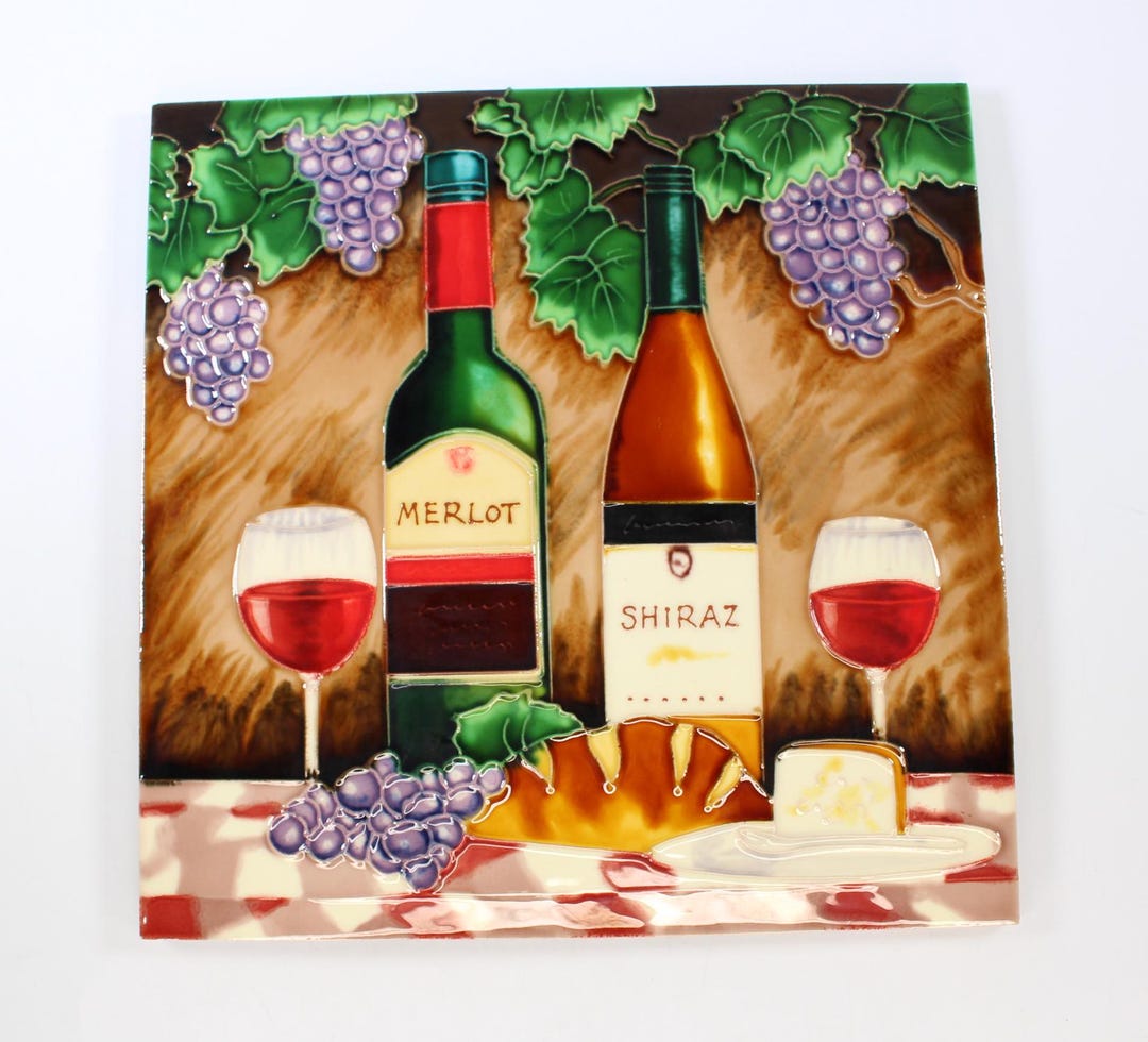 Decorative Wall Art Ceramic Tile Wine Bottles and Glasses 12'' X 12 ...