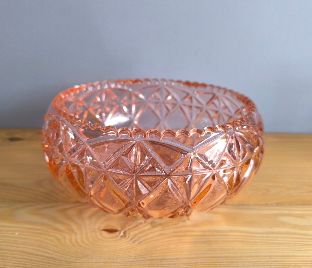 Vintage Heavy Pink Cut Glass Fruit Bowl, Decorative Bowl, Mid Century ...