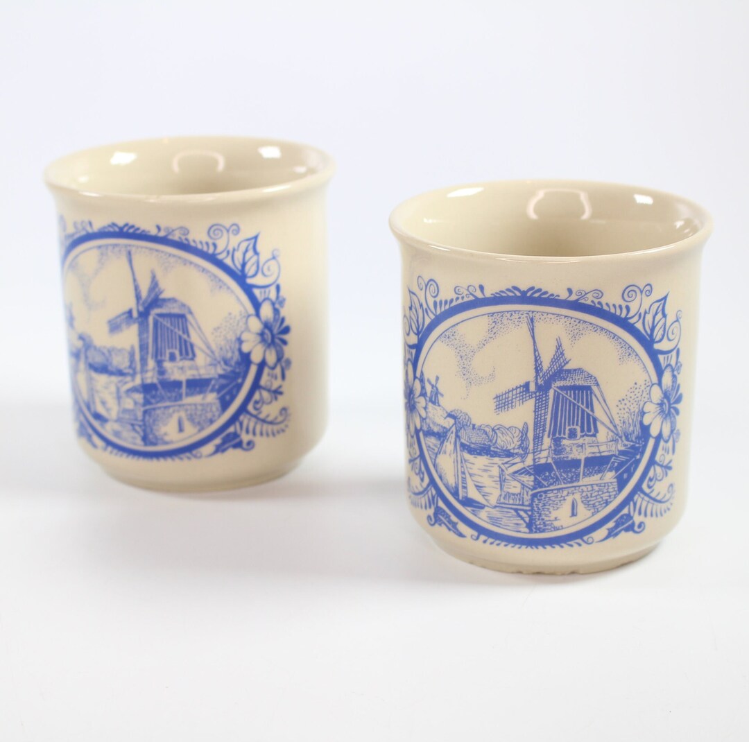 Set of 2 Vintage Blue Mugs Boat Windmill Scene Made in Tulowice Poland ...