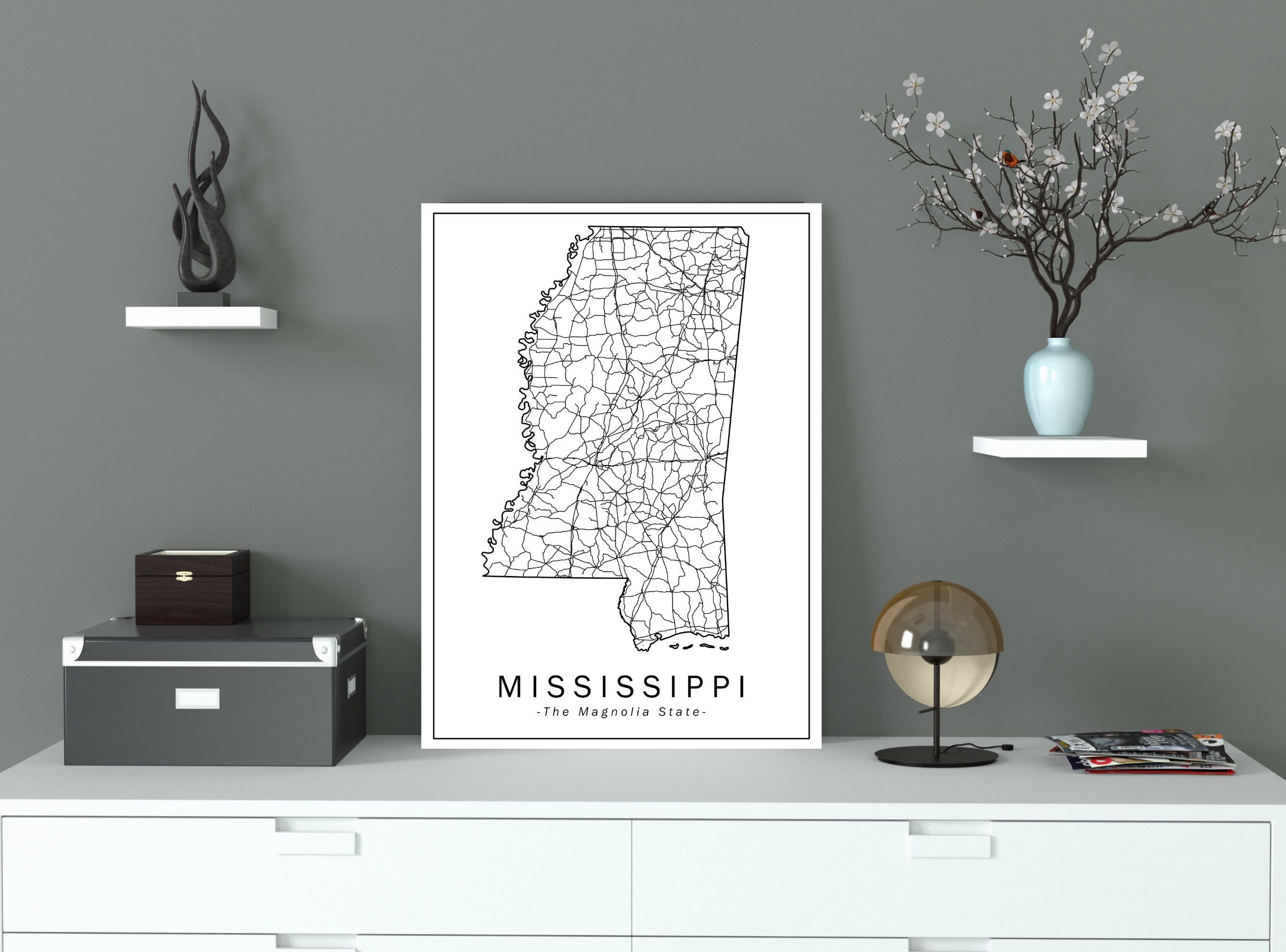 Mississippi Map Print, Map Art, Road Map, Instant Download, Digital ...