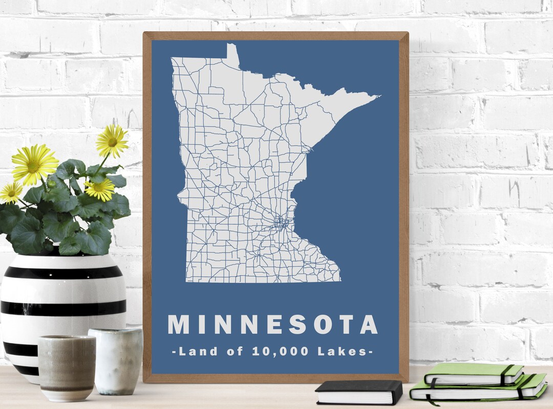 Minnesota Map Print, Map Art, Land of 10,000 Lakes, Road Map, Home ...