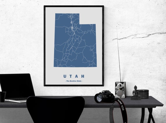 Art & Collectibles Prints The Beehive State State Road Map Utah Map Art ...