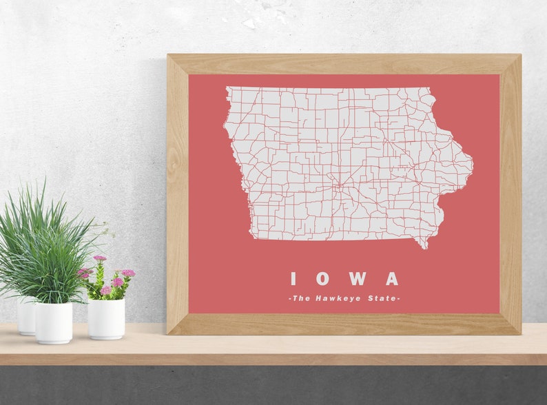 Iowa Map Print, Map Art, the Hawkeye State, Road Map, Home Office Wall ...