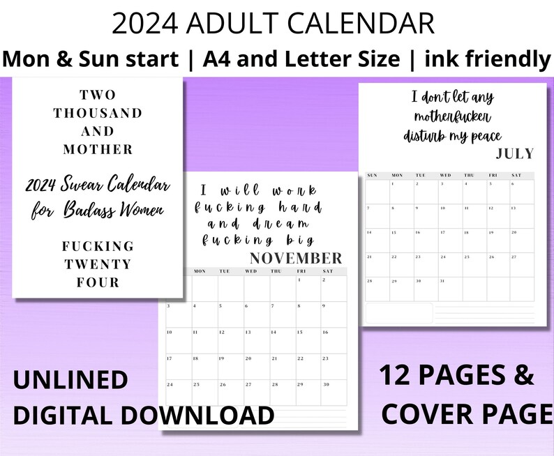 2024 Swear Calendar Printable, 2024 Minimalistic Wall Calendar ...
