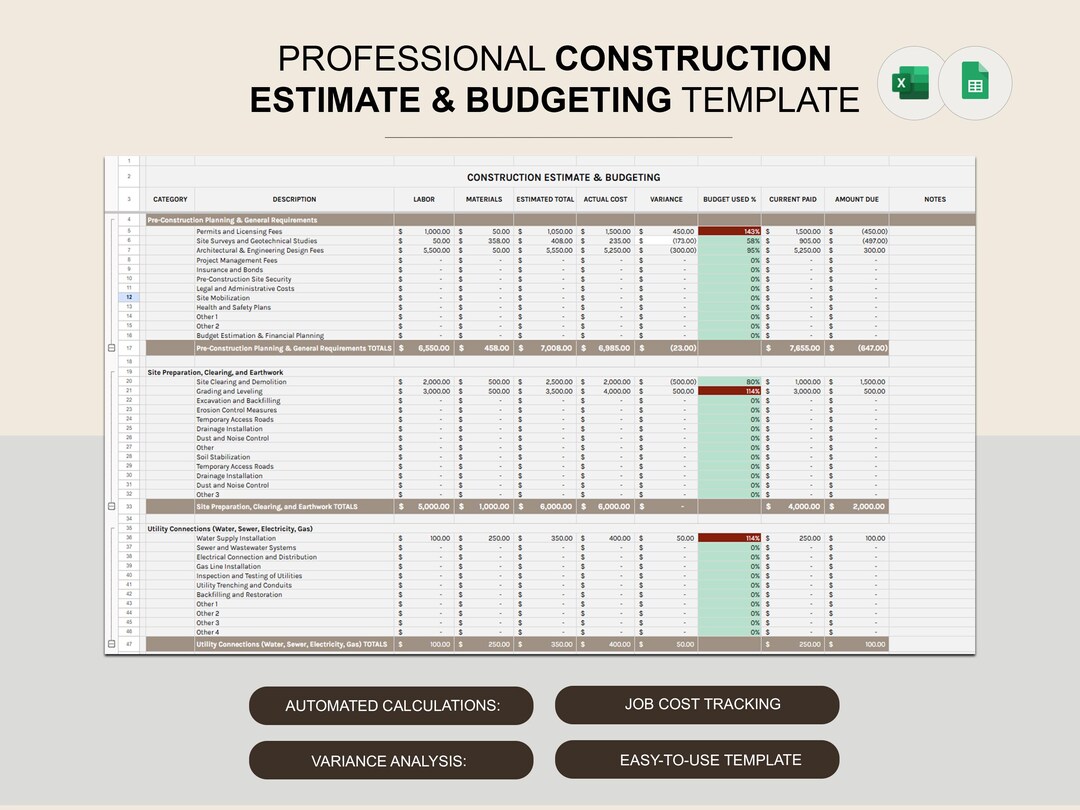 Construction Budget Template: Excel & Google Sheets Cost Tracker - Etsy