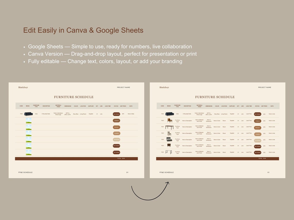 FF&E Schedule Template: Interior Design Project Toolkit (excel, Google ...