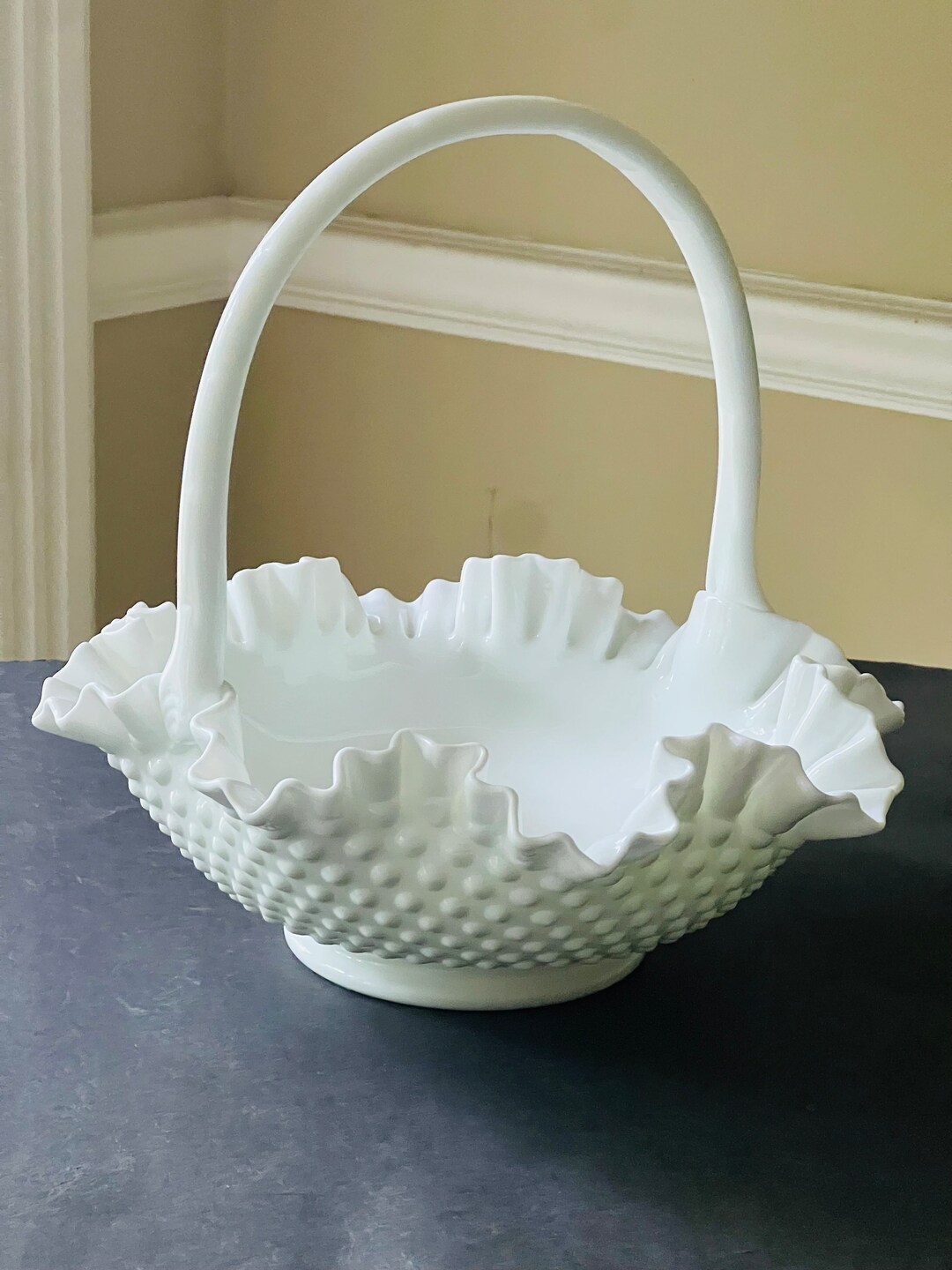 Fenton Large Milk Glass Hobnail Basket With Handle, Wedding Decor, Home ...
