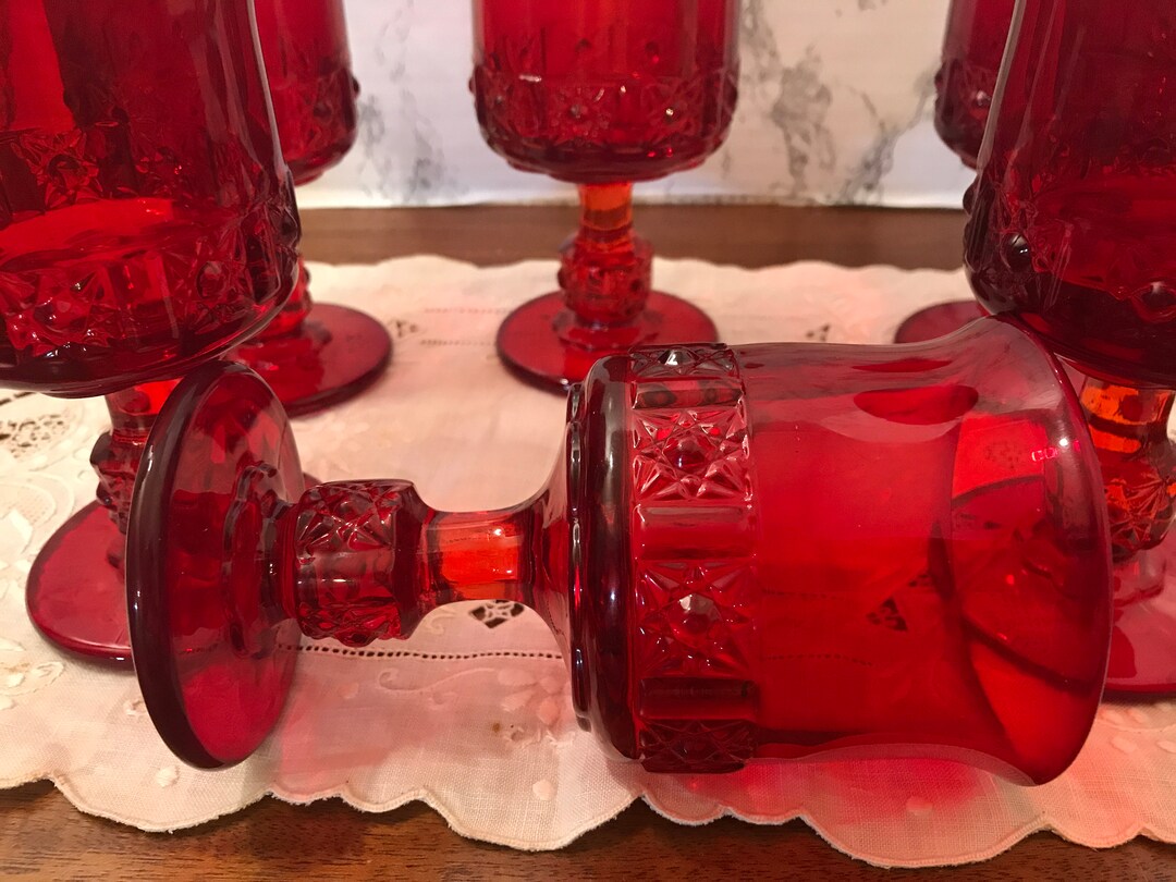 L. G. Wright Ruby Red Wine Goblets/ Glasses/ Stars and Bars Daisy Cube ...