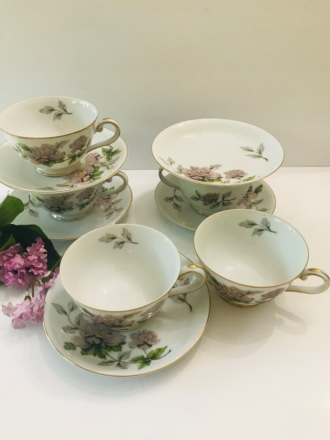 Teacups and Saucers Set, Pink Peony, Gold Accent by Seyel Fine China ...