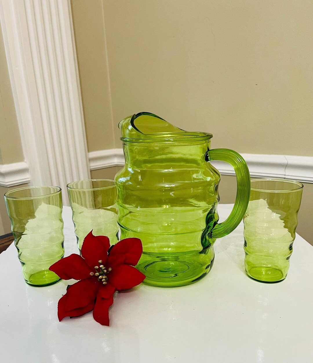 Vintage Lime Green Pitcher With Three Tumblers, Ice Tea Water Pitcher ...