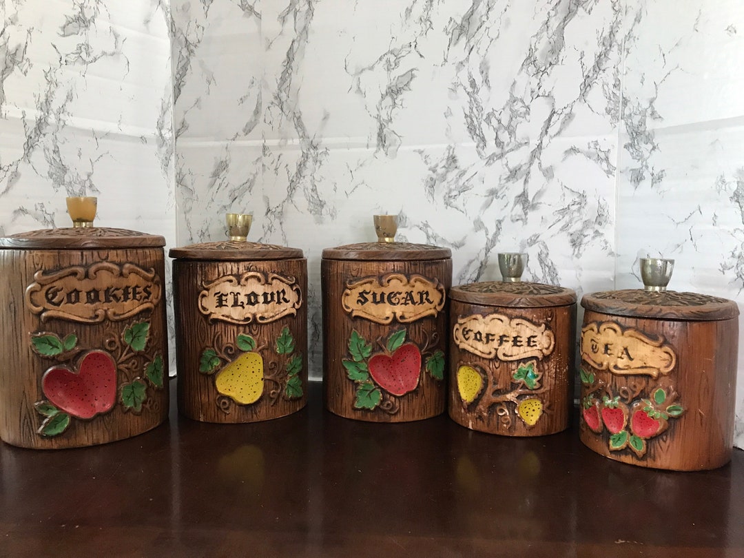 Vintage Treasure Craft Canisters, Sugar, Flour, Tea, Coffee, and Cookie ...
