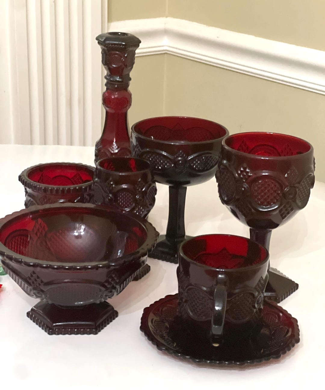 Vintage Avon Cape Cod Ruby Red Glassware: Candlestick, Goblet, Bowl - Etsy
