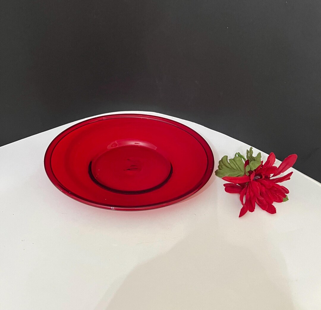 Vintage Ruby Red Hand Blown Art Glass Salad Plates, Dessert Plate ...