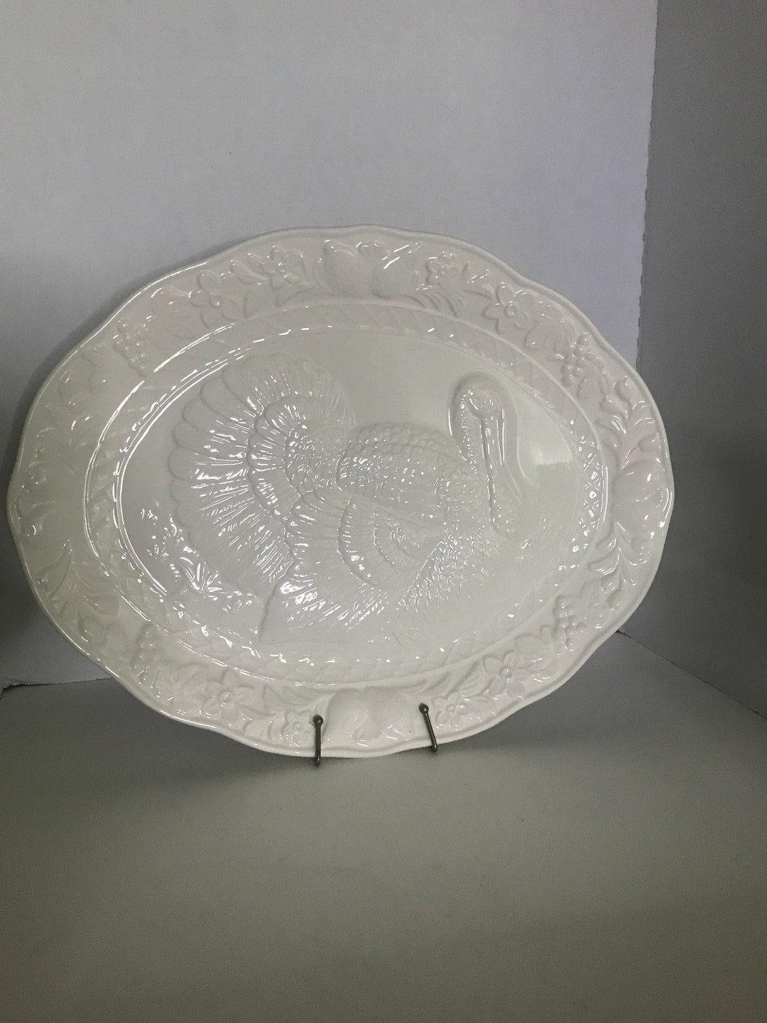 Vintage White Ceramic Turkey Platter Embossed - Etsy