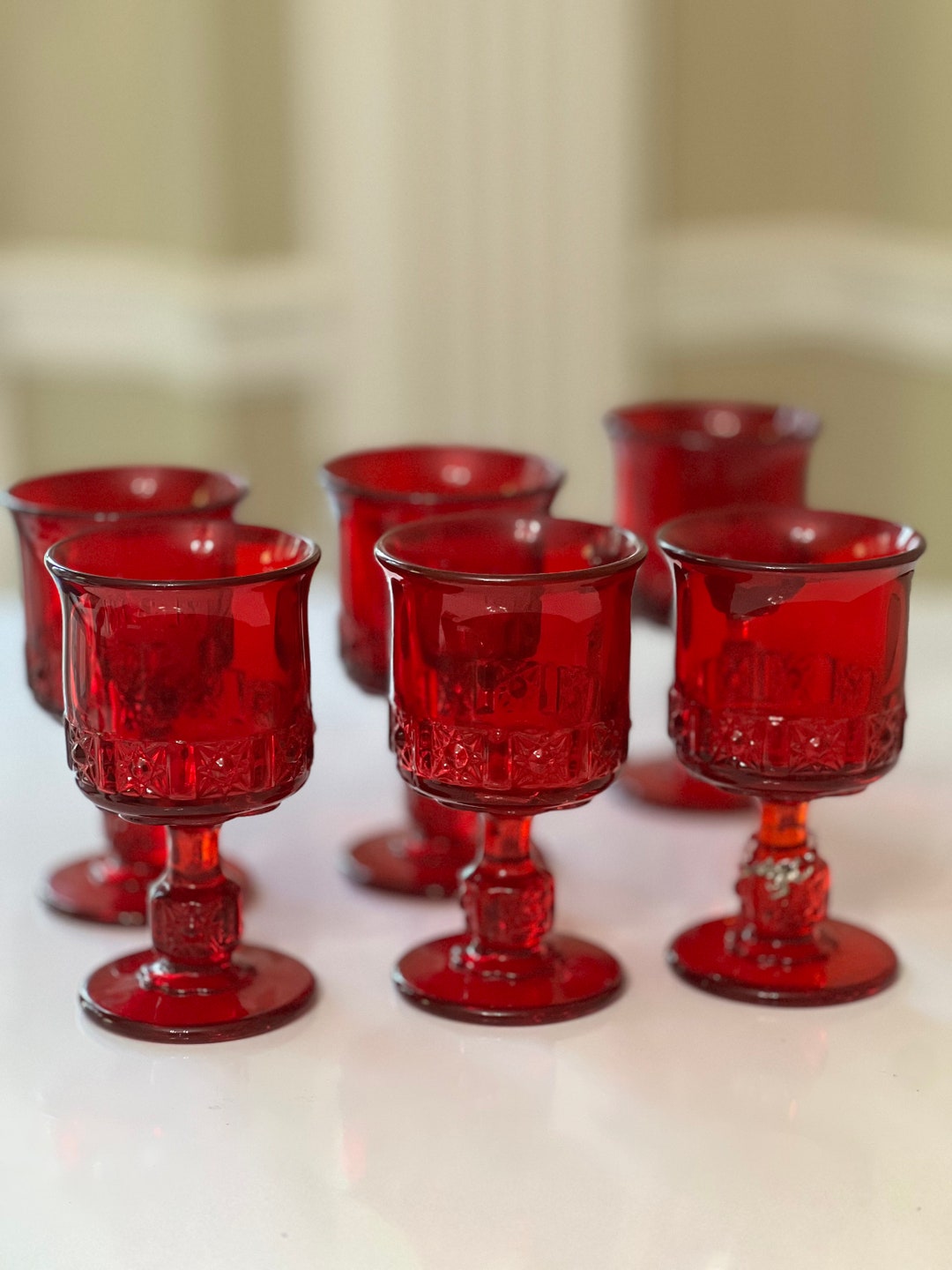 L. G. Wright Ruby Red Wine Goblets, Glasses, Stars and Bars Daisy Cube ...