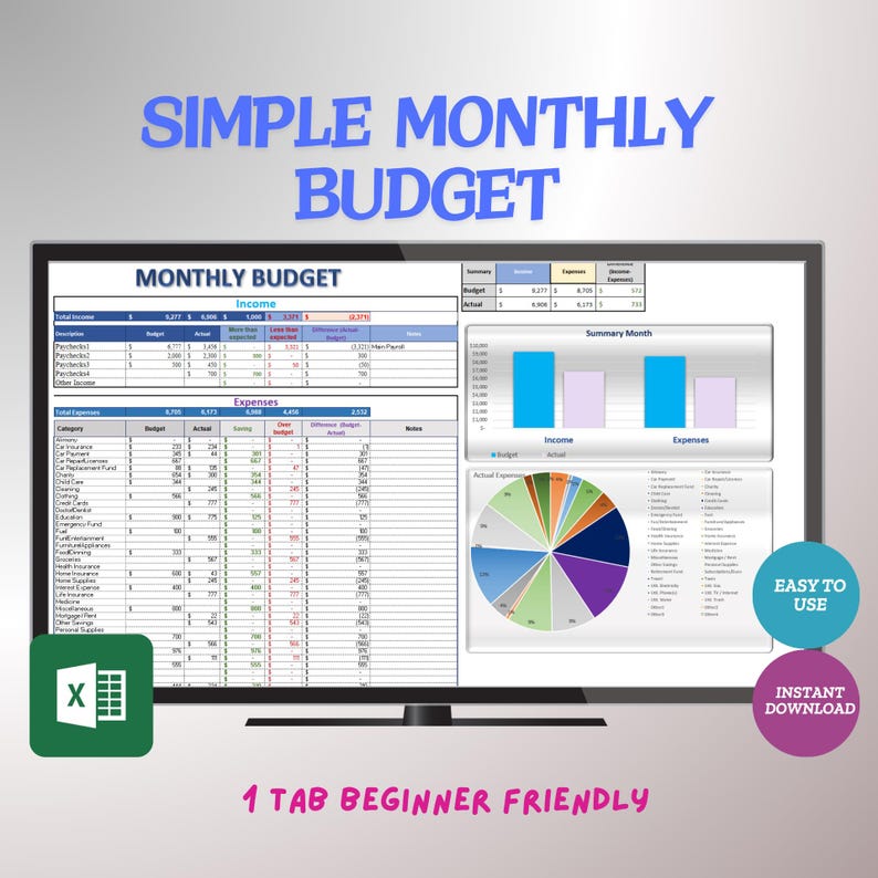Income and Expense Tracker Spreadsheet Monthly, Personal Finance Tracker, Simple Monthly Budget ...