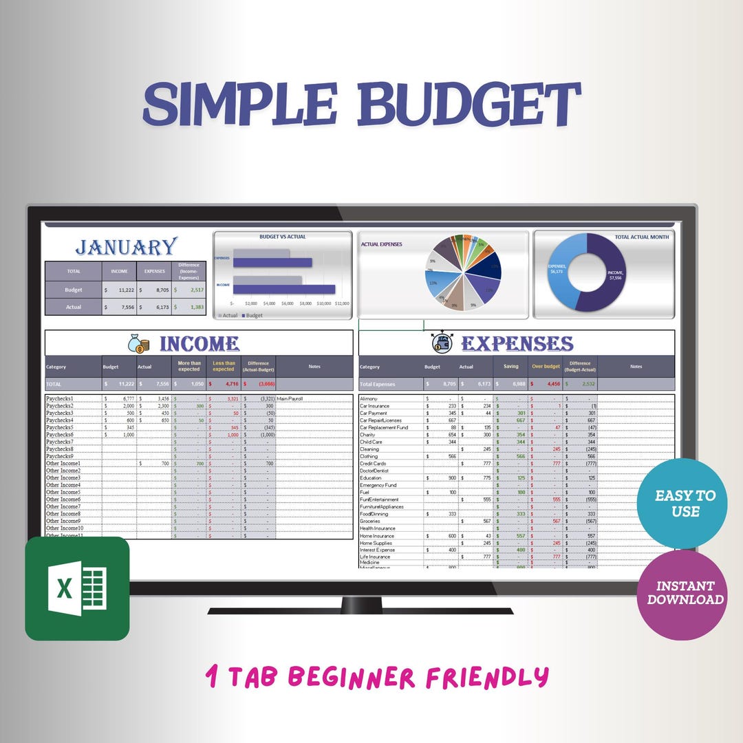 Simple Monthly Budget Excel, Digital Budget, Personal Finance Tracker, Finance Planner, Budget ...