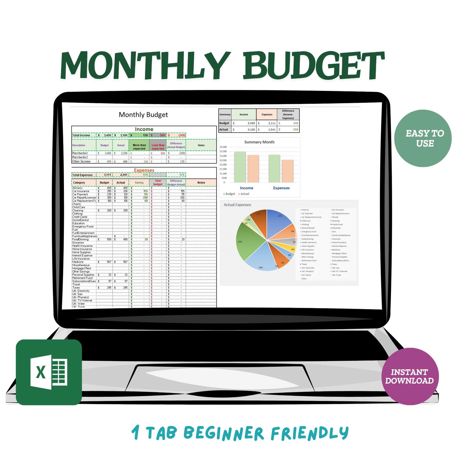 Simple Monthly Budget Excel, Digital Budget, Personal Finance Tracker ...