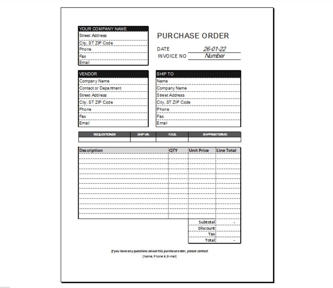 Purchase Order EXCEL Template, Basic Purchase Order Form, Excel ...