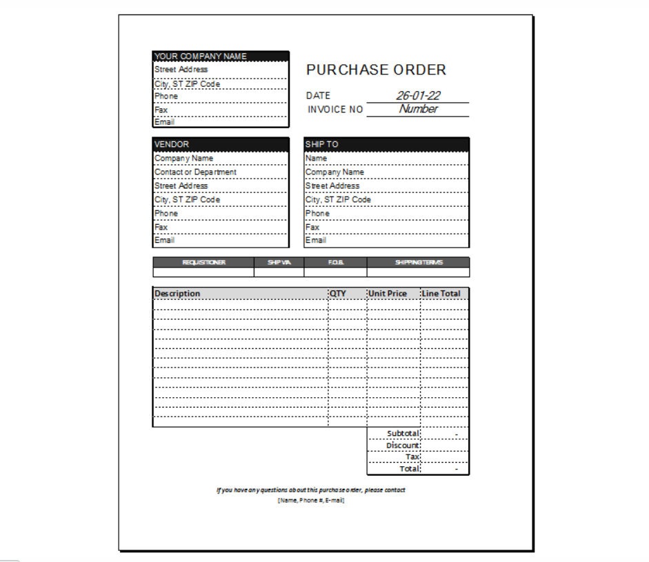 Purchase Order EXCEL Template, Basic Purchase Order Form, Excel ...