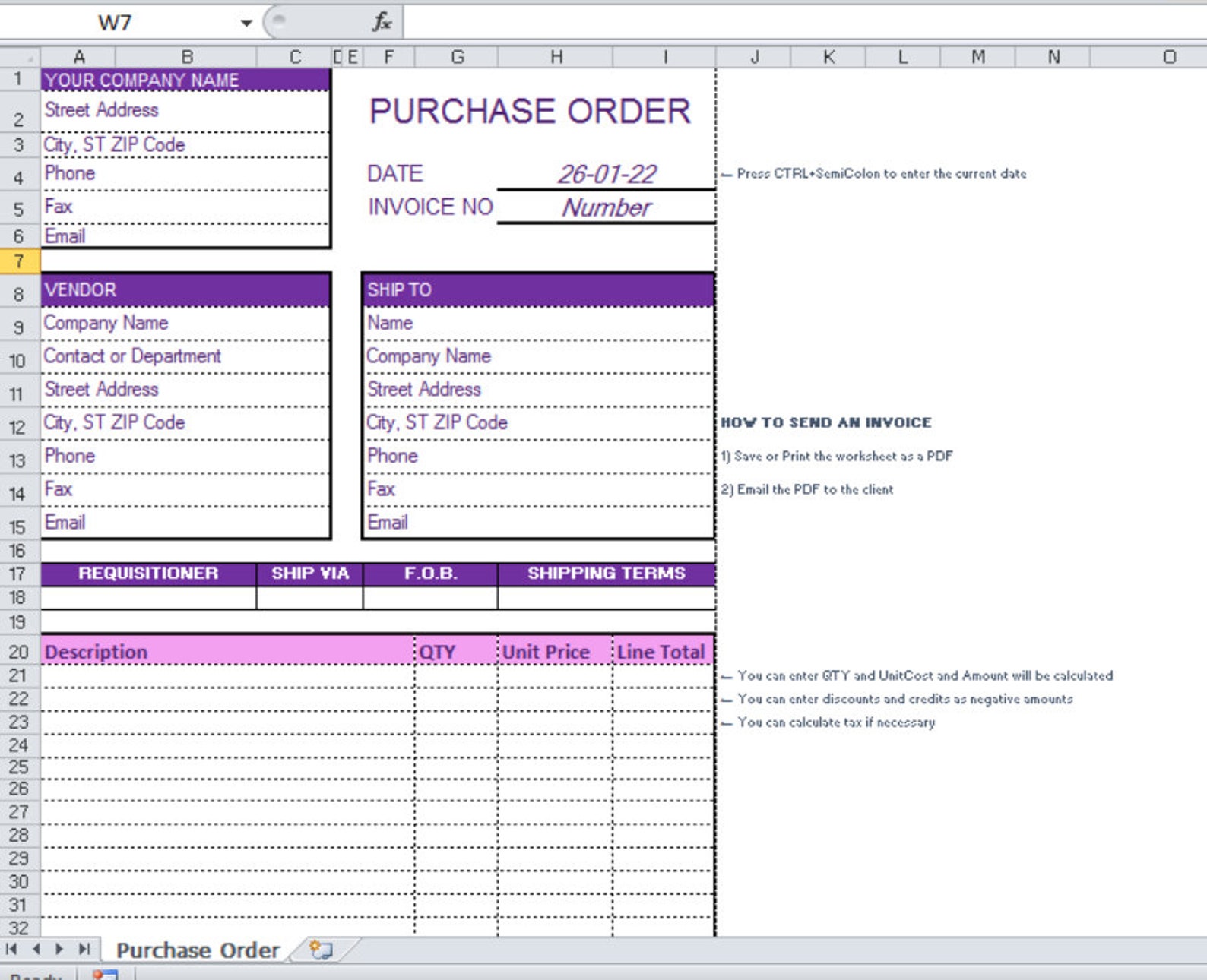 Simply Purchase Order Form EXCEL, Purchase Order Editable Template ...