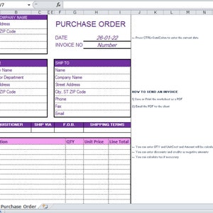 Simply Purchase Order Form EXCEL Purchase Order Editable - Etsy