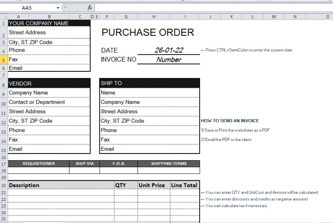 Purchase Order EXCEL Template, Basic Purchase Order Form, Excel ...