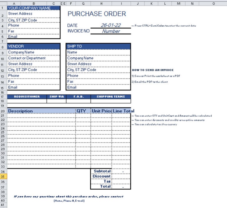 Basic Purchase Order Form Editable, Purchase Order EXCEL Template ...