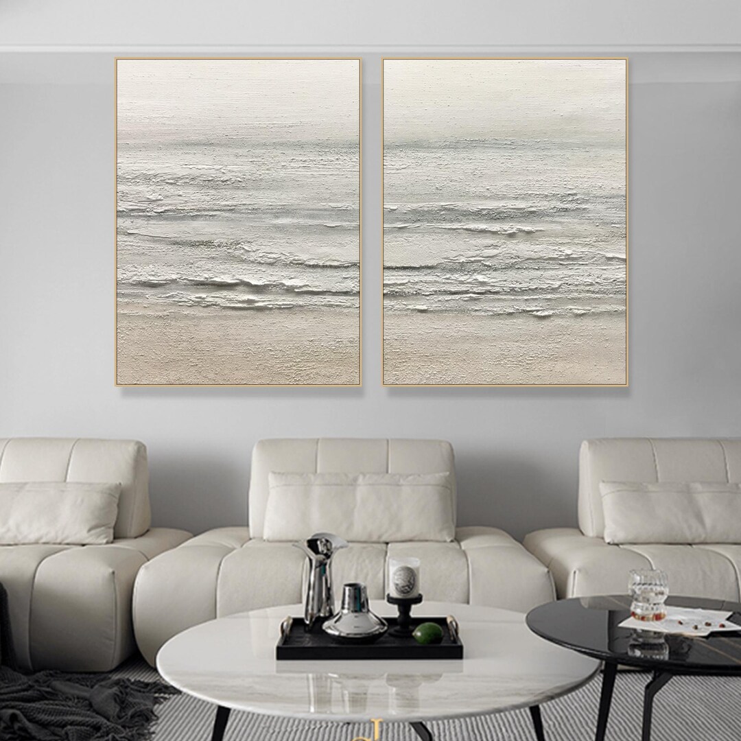 Calm Coastal Morning Beach Wave Oil Painting Set 3D Large Minimalist ...